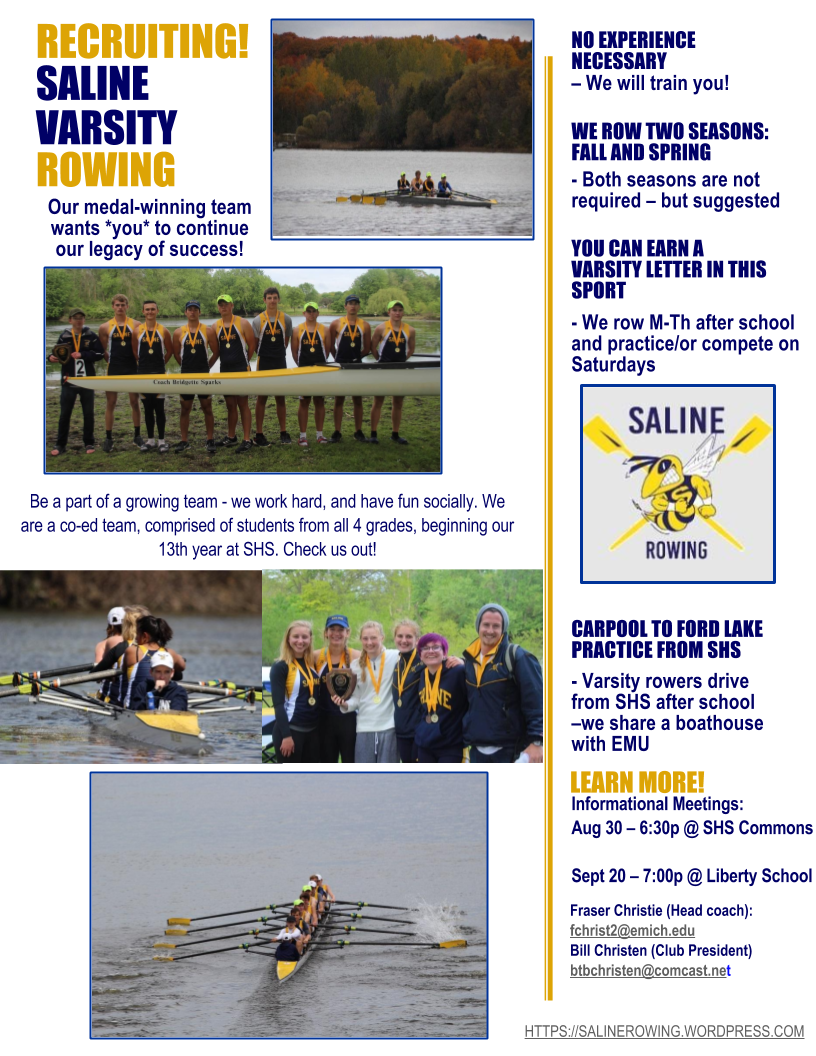 RECRUITING! SALINE VARSITY ROWING Our medal-winning team wants *you* to ...